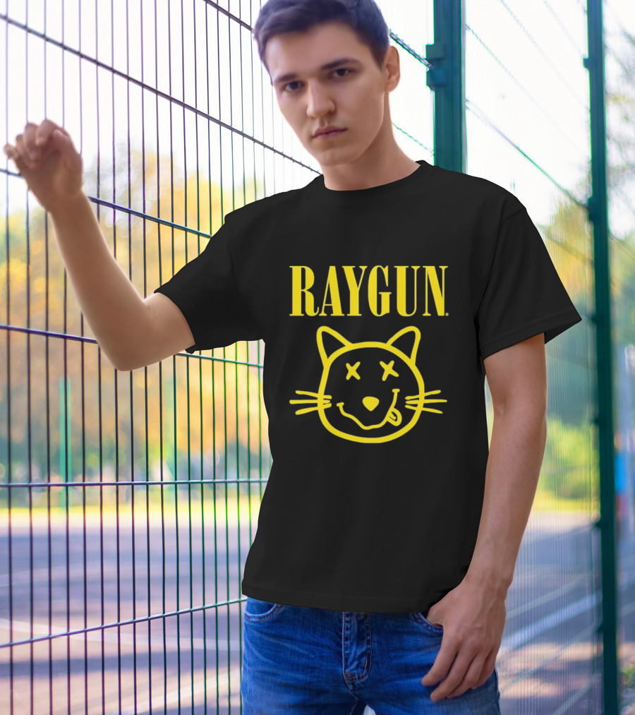 Raygun Smiley Cat Face Neon Yellow Quirky Expression T-Shirt