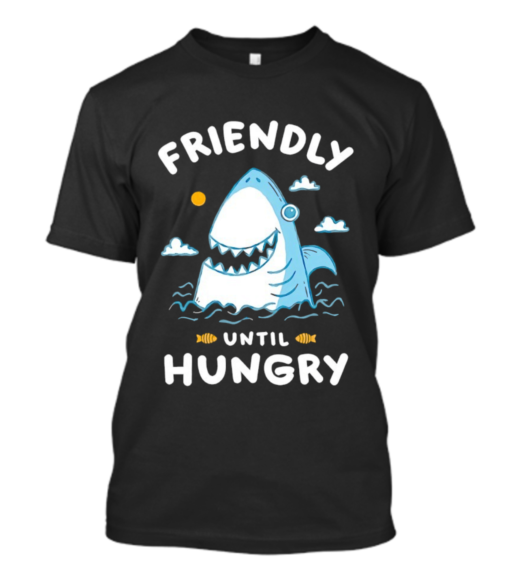 Friendly Shark Grinning Until Hungry Cloudy Ocean Scene T-Shirt