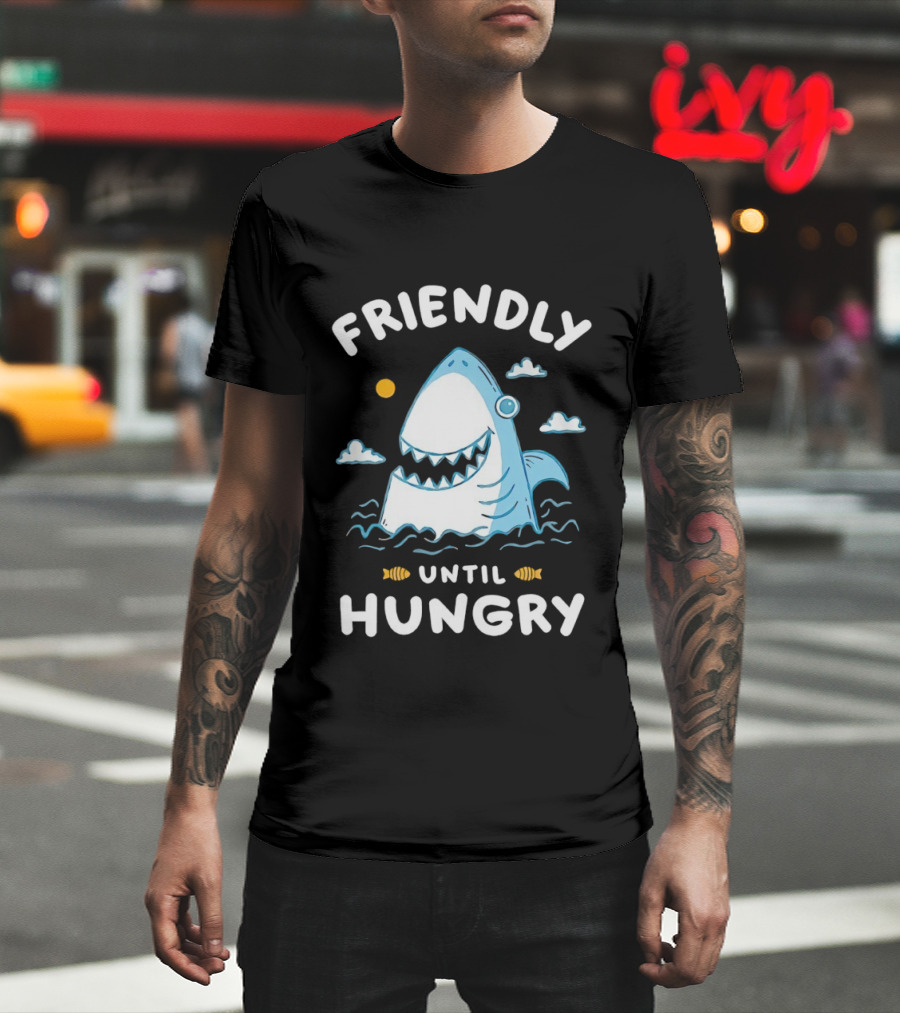 Friendly Shark Grinning Until Hungry Cloudy Ocean Scene T-Shirt