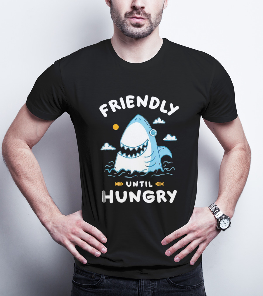 Friendly Shark Grinning Until Hungry Cloudy Ocean Scene T-Shirt