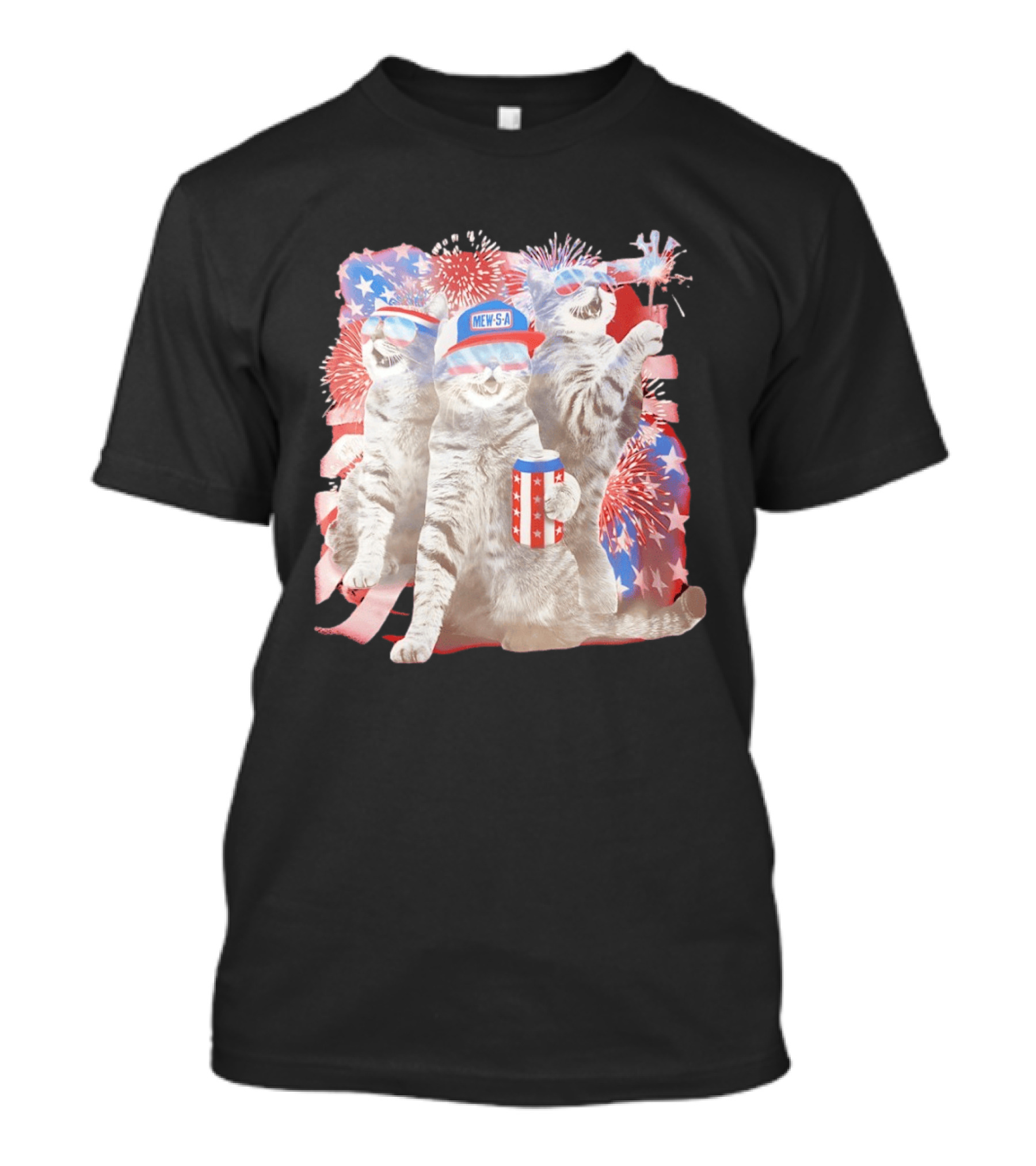 Mew's A Patriotic American Flag Cats Fireworks Party Animal Holiday USA T-Shirt