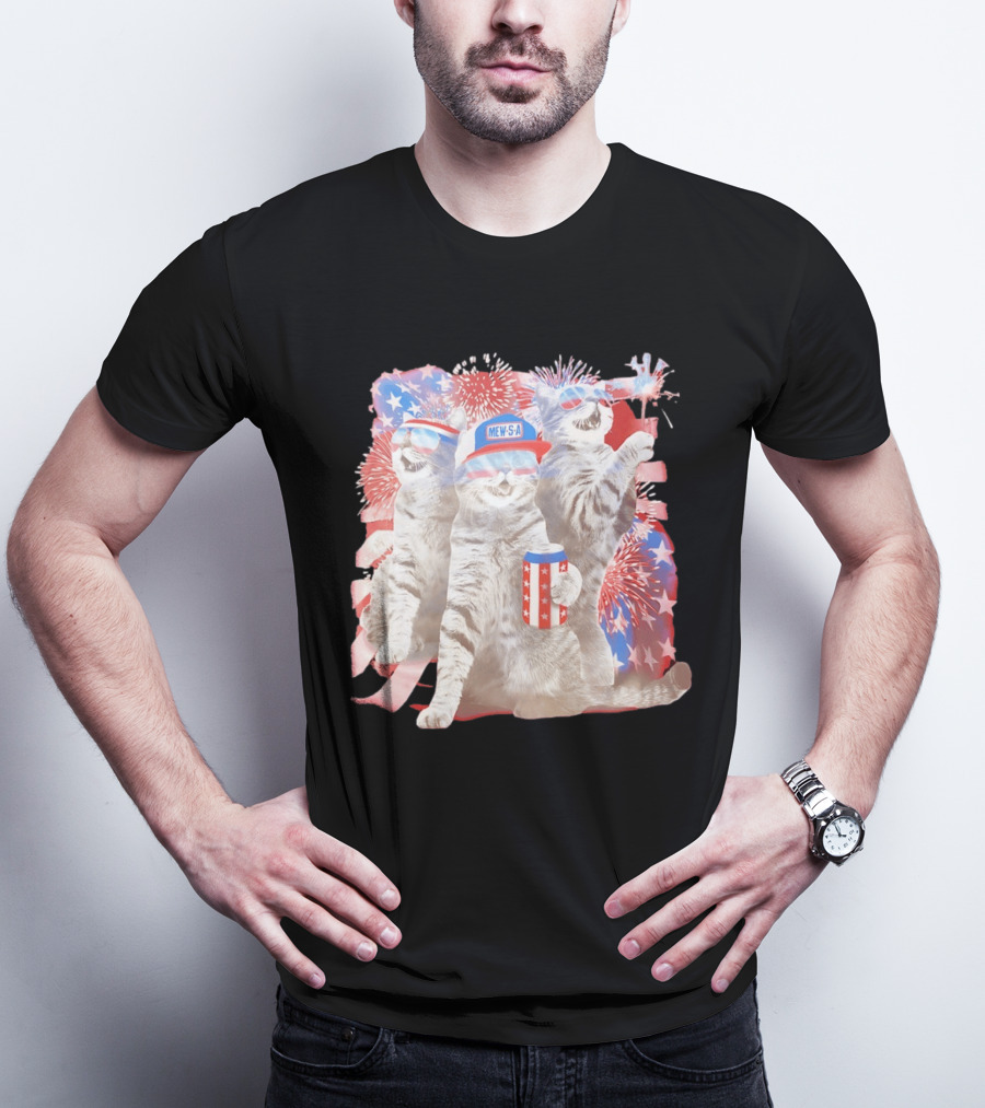 Mew's A Patriotic American Flag Cats Fireworks Party Animal Holiday USA T-Shirt