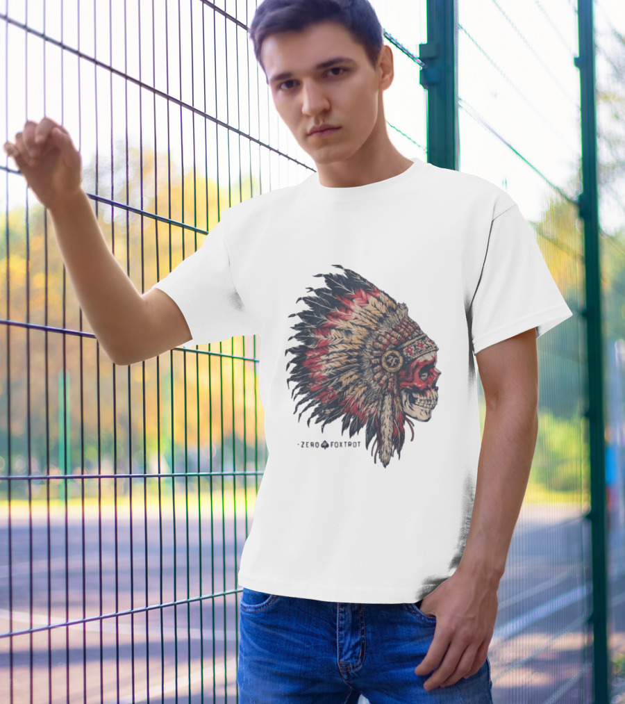 Zero Foxtrot Skull In Feathered Headdress T-Shirt