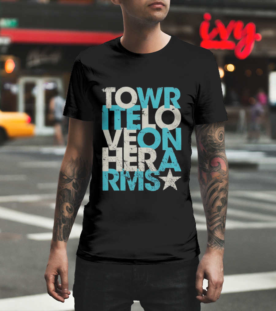 Tower Love Hero Arms Distressed Text Star T-Shirt