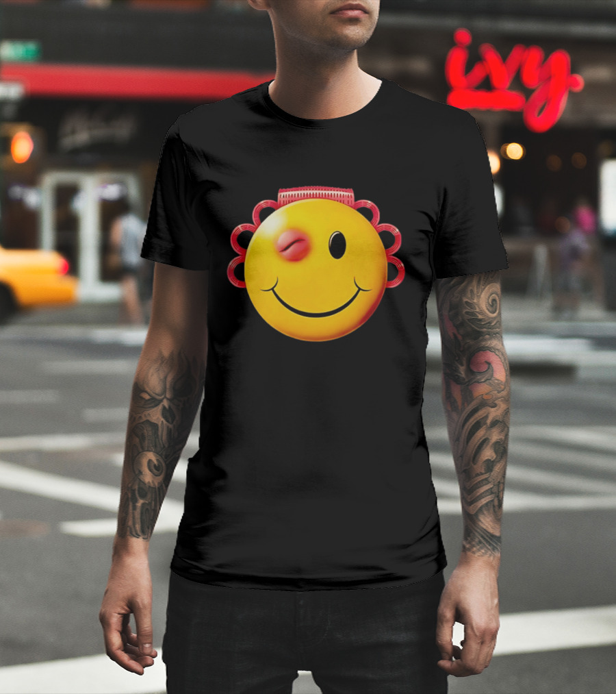 Winking Smiley Face Emoji With Hair Rollers T-Shirt