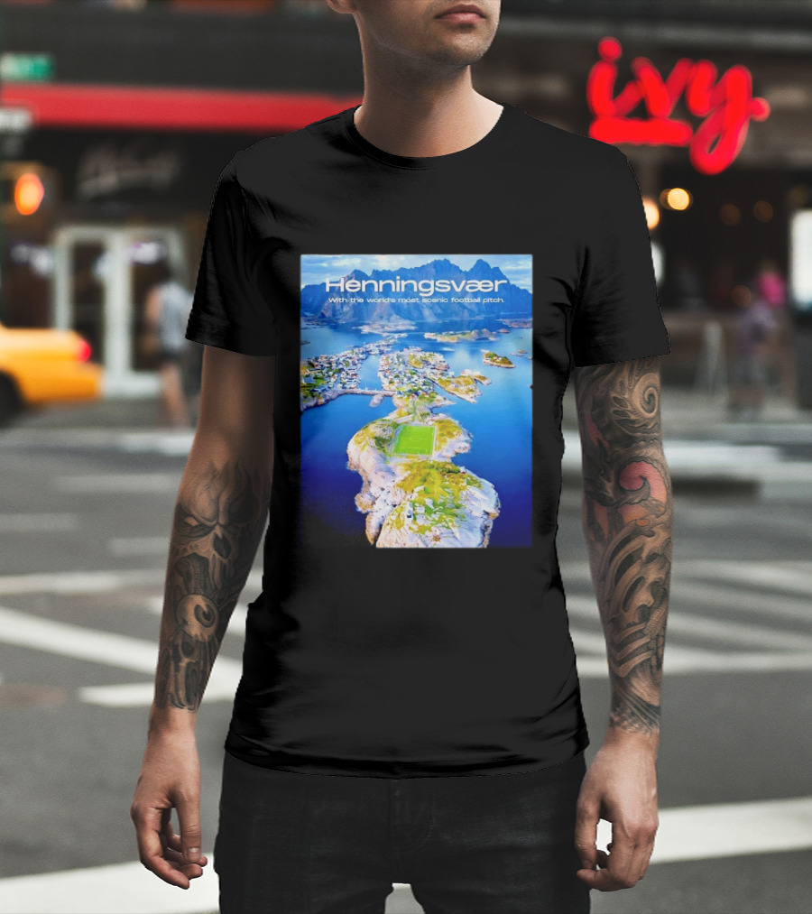 Henningsvaer With The World's Most Scenic Football Pitch Aerial View T-Shirt