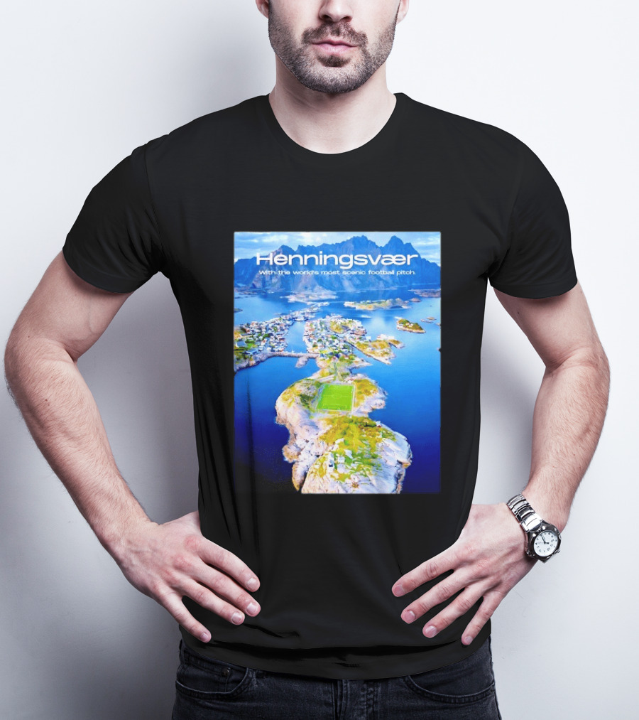 Henningsvaer With The World's Most Scenic Football Pitch Aerial View T-Shirt