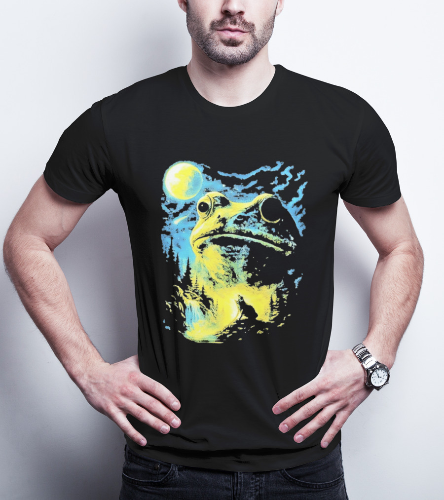 Howling Wolf Frog Moon Night Scene Surreal Fantasy T-Shirt