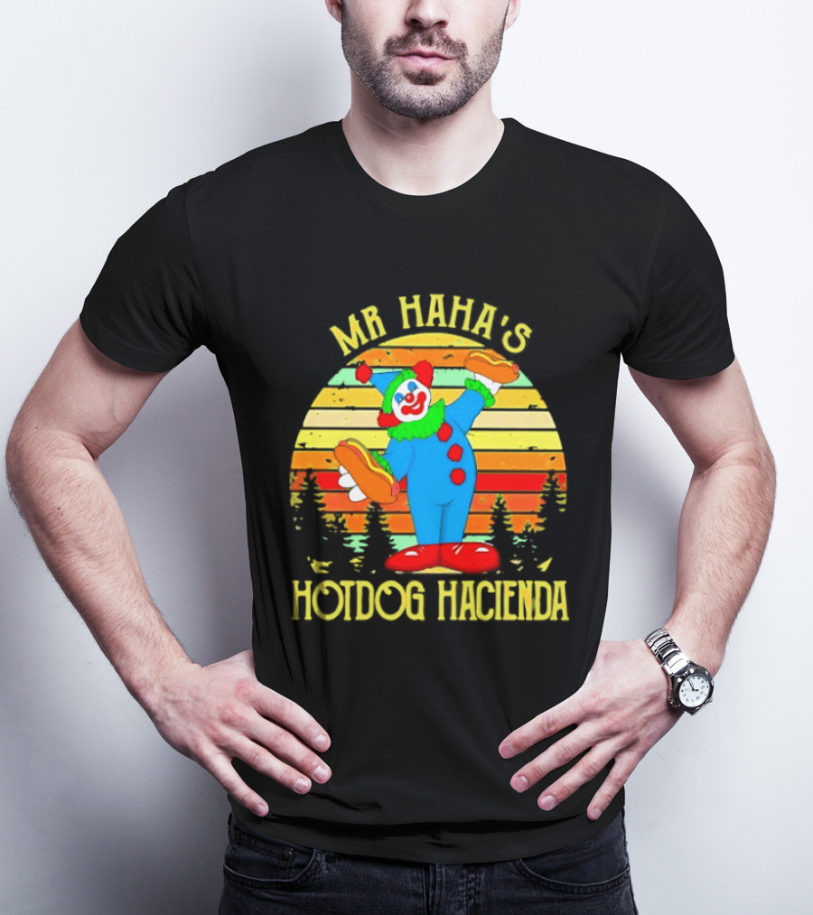 Mr Haha's Hotdog Hacienda Clown In Colorful Costume With Hot Dog T-Shirt