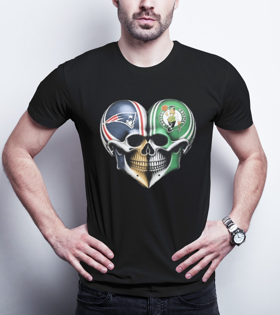 Boston Celtics And New England Patriots Skull Heart T-Shirt