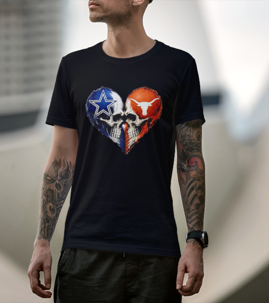 Dallas Cowboys And Texas Longhorns Skulls Heart T-Shirt