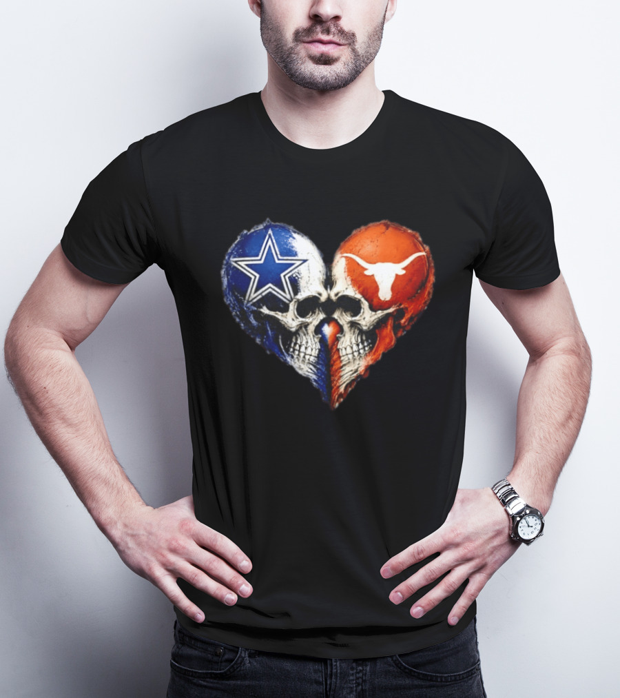 Dallas Cowboys And Texas Longhorns Skulls Heart T-Shirt