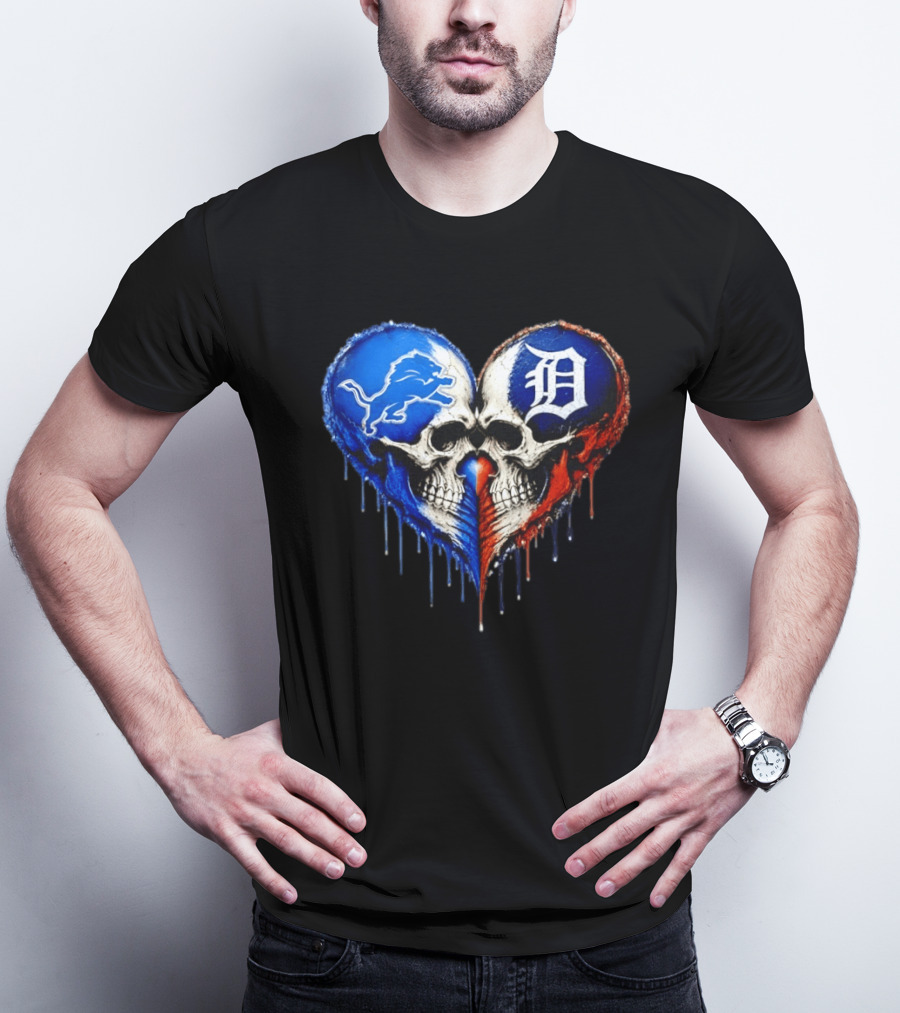 Detroit Lions And Detroit Tigers Skull Heart T-Shirt