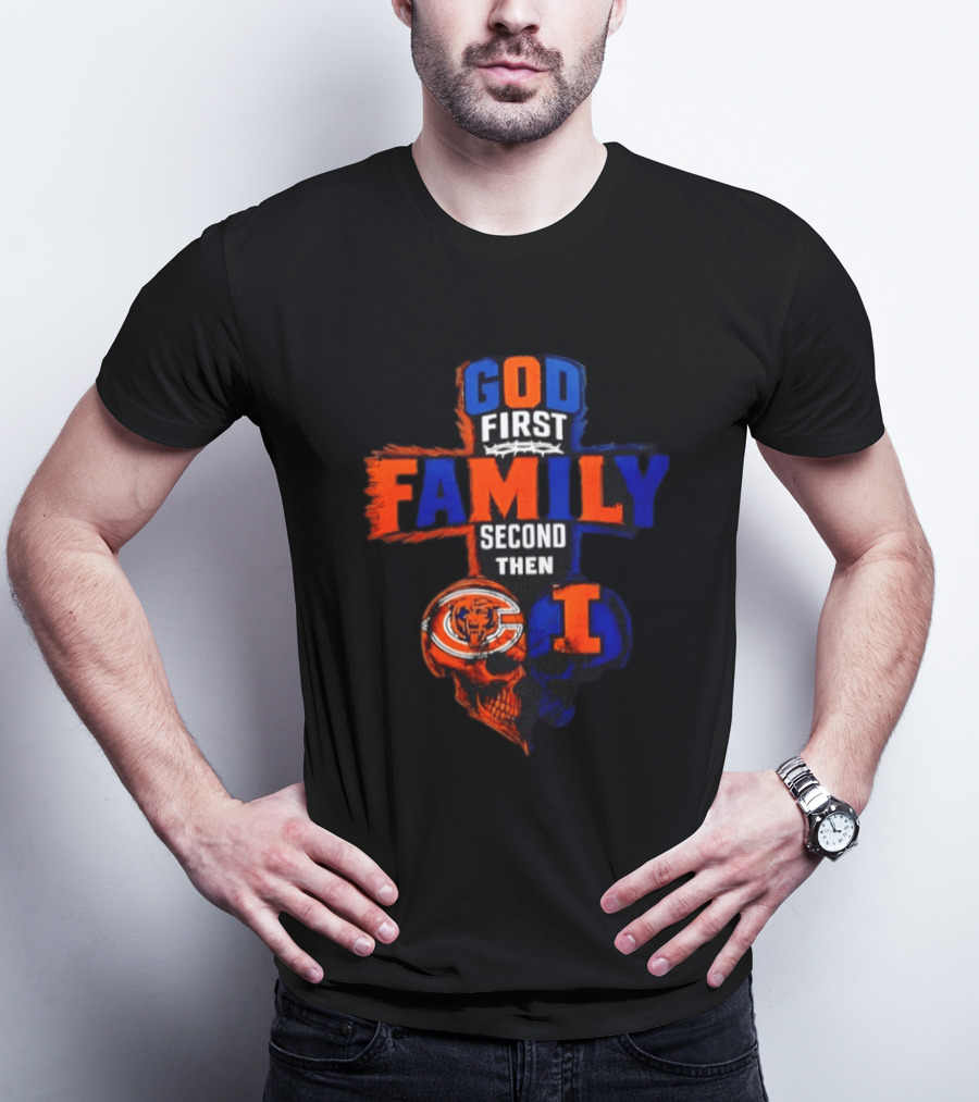 God First Family Second Then Chicago Bears And Illinois Fighting Illini Skull Heart T-Shirt
