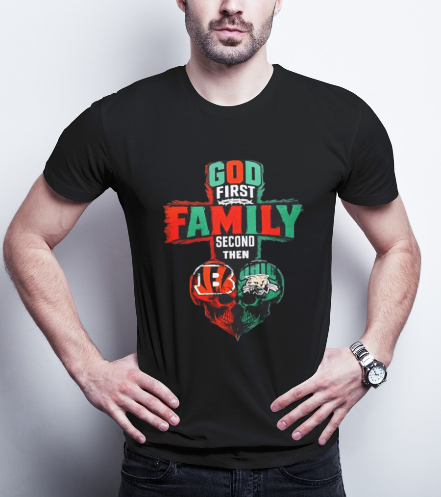 God First Family Second Then Cincinnati Bengals And Ohio Bobcats Skull Heart T-Shirt