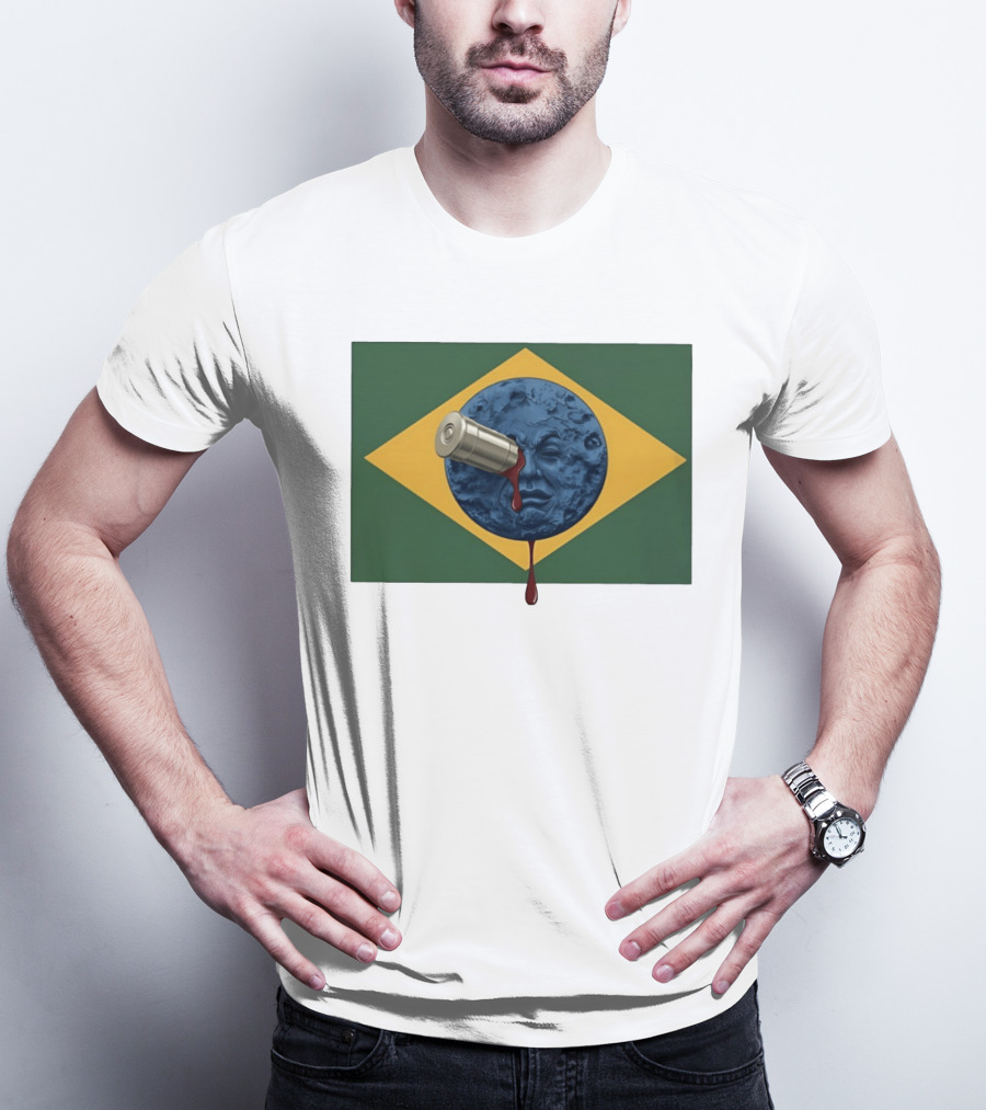 Brazil Flag Moon Face With Bullet And Bleeding Effect T-Shirt