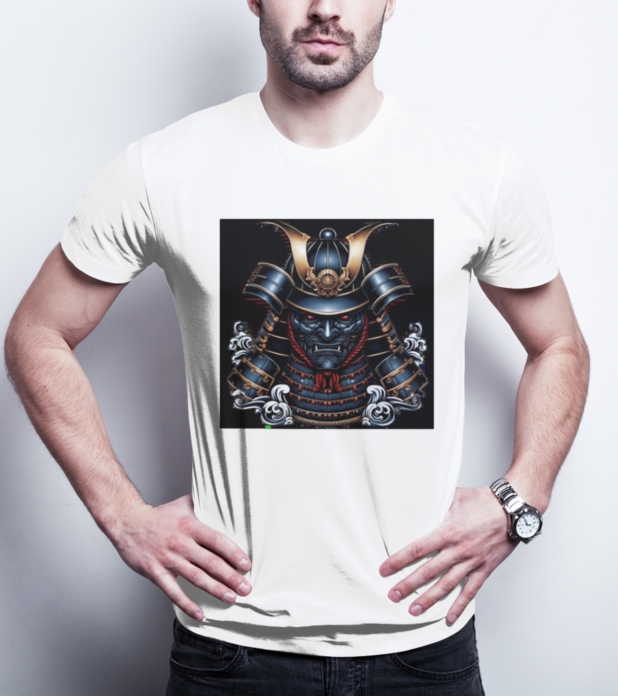 Samurai Warrior Mask Helmet With Traditional Armor And Red Accents T-Shirt
