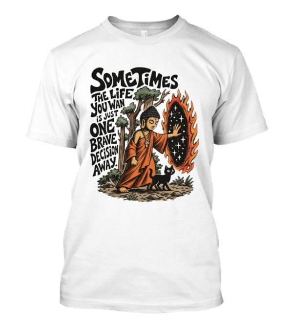 Sometimes The Life You Want Is Just One Brave Decision Away Buddha Cat Portal Forest T-Shirt