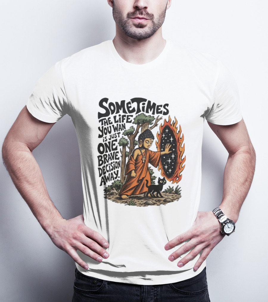 Sometimes The Life You Want Is Just One Brave Decision Away Buddha Cat Portal Forest T-Shirt