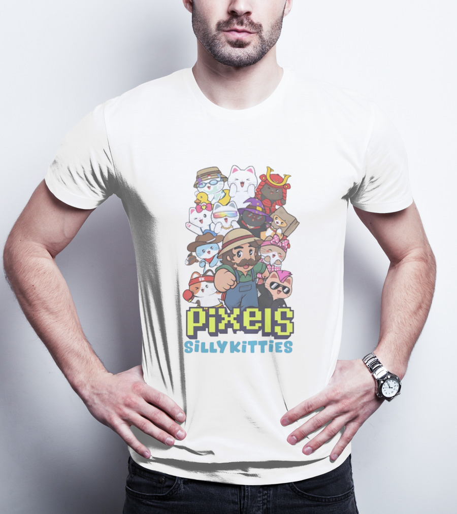 Pixels Silly Kitties Character Collage With Mustached Figure And Cute Cat Ensemble T-Shirt