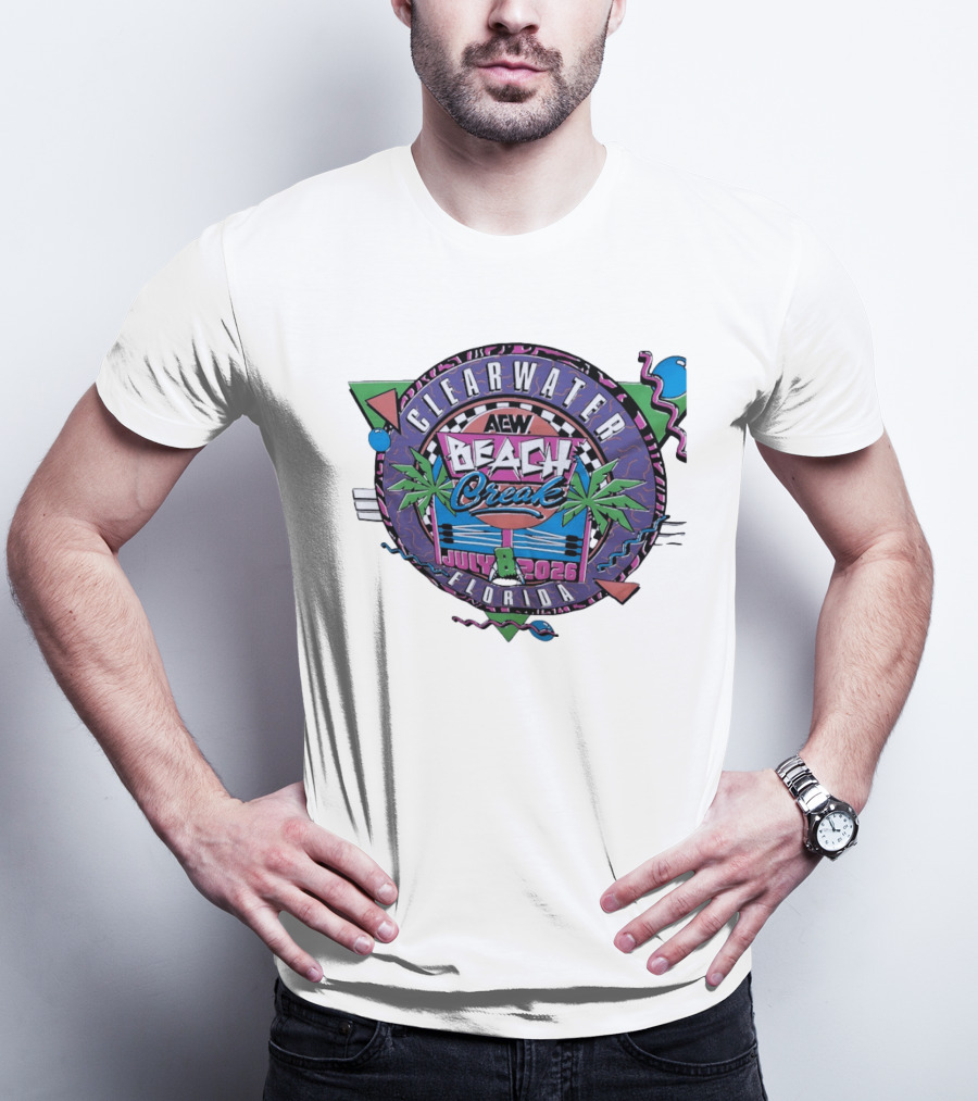 AEW Beach Break Clearwater Florida July 8 2026 Wrestling Event Tropical Palm Trees And Retro Waves T-Shirt