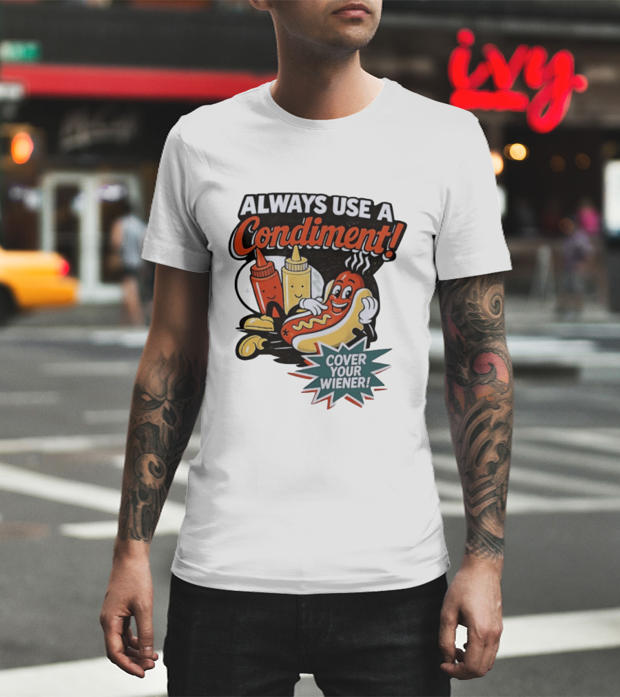 Always Use A Condiment Cover Your Wiener Hot Dog Fun T-Shirt