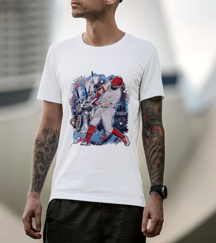 Kyle Schwarber Philly 2026 Swinging Bat Fireworks Liberty Bell T-Shirt