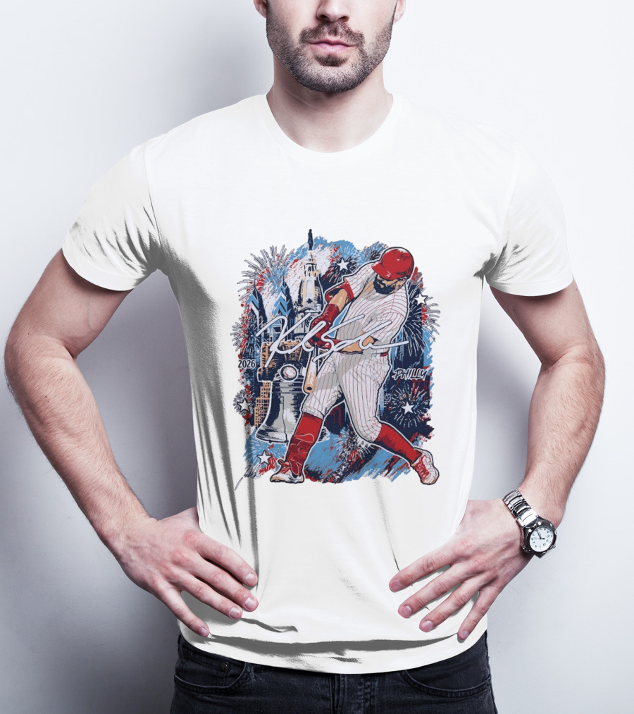 Kyle Schwarber Philly 2026 Swinging Bat Fireworks Liberty Bell T-Shirt
