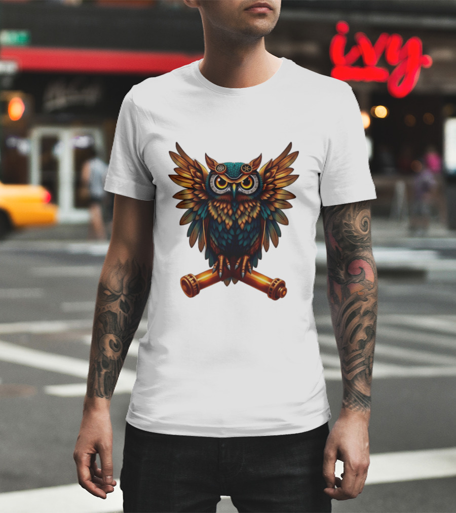 Steampunk Owl With Gears And Pistons Mechanic Aesthetic T-Shirt