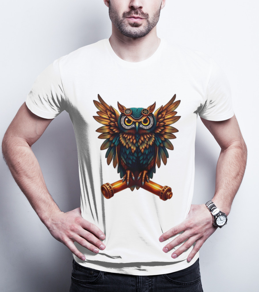 Steampunk Owl With Gears And Pistons Mechanic Aesthetic T-Shirt
