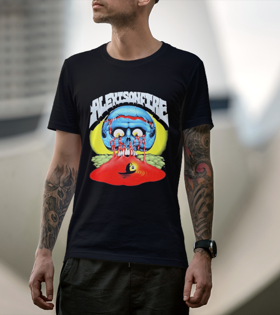Alexisonfire Skull Island Creepy Blue Skull With Red Eyes And Boat T-Shirt