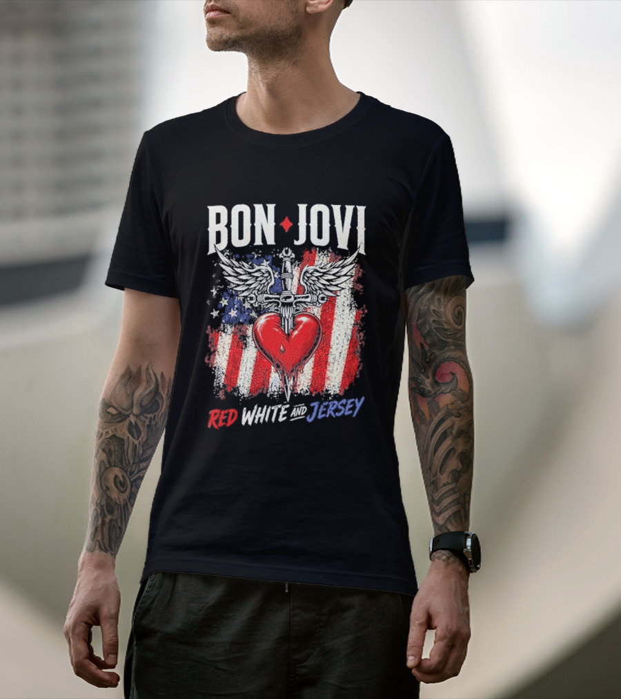 Bon Jovi Red White Jersey Heart And Dagger American Flag T-Shirt