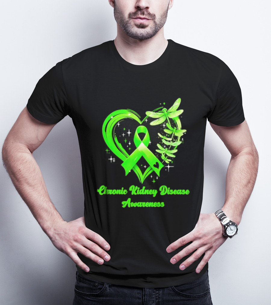 Chronic Kidney Disease Awareness Green Ribbon Heart And Dragonfly T-Shirt