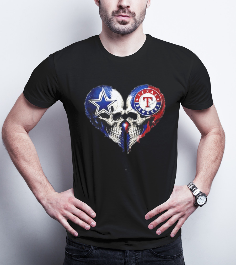 Dallas Cowboys Star And Texas Rangers Skull Heart T-Shirt
