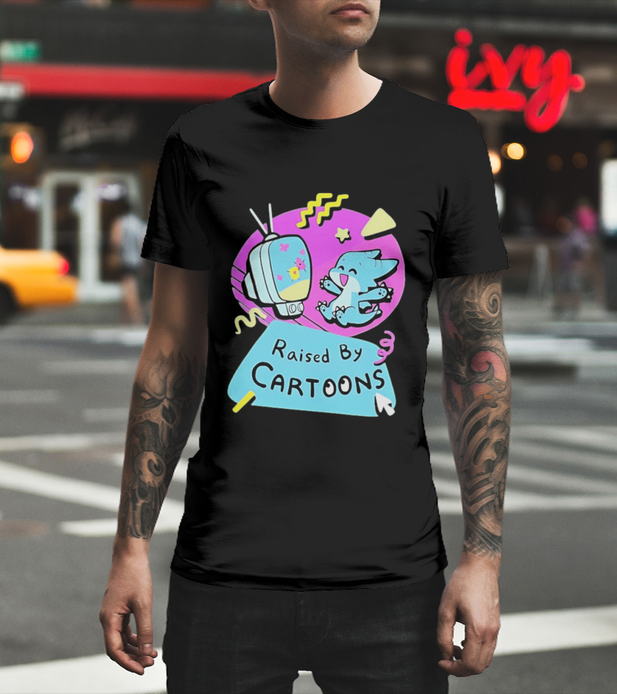 Raised By Cartoons Nostalgia 90s Kid Cartoon Lover Retro TV And Playful Puppy Scene T-Shirt