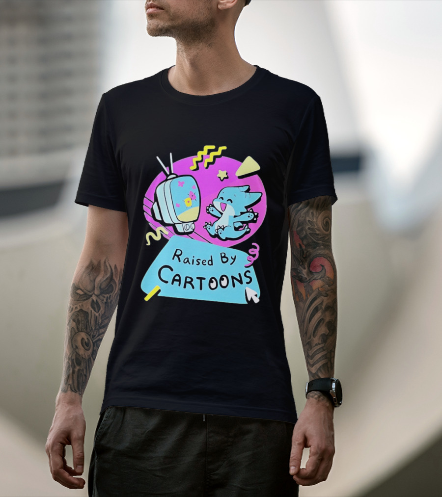 Raised By Cartoons Nostalgia 90s Kid Cartoon Lover Retro TV And Playful Puppy Scene T-Shirt