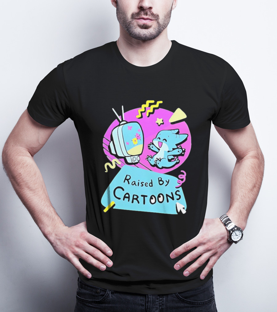 Raised By Cartoons Nostalgia 90s Kid Cartoon Lover Retro TV And Playful Puppy Scene T-Shirt