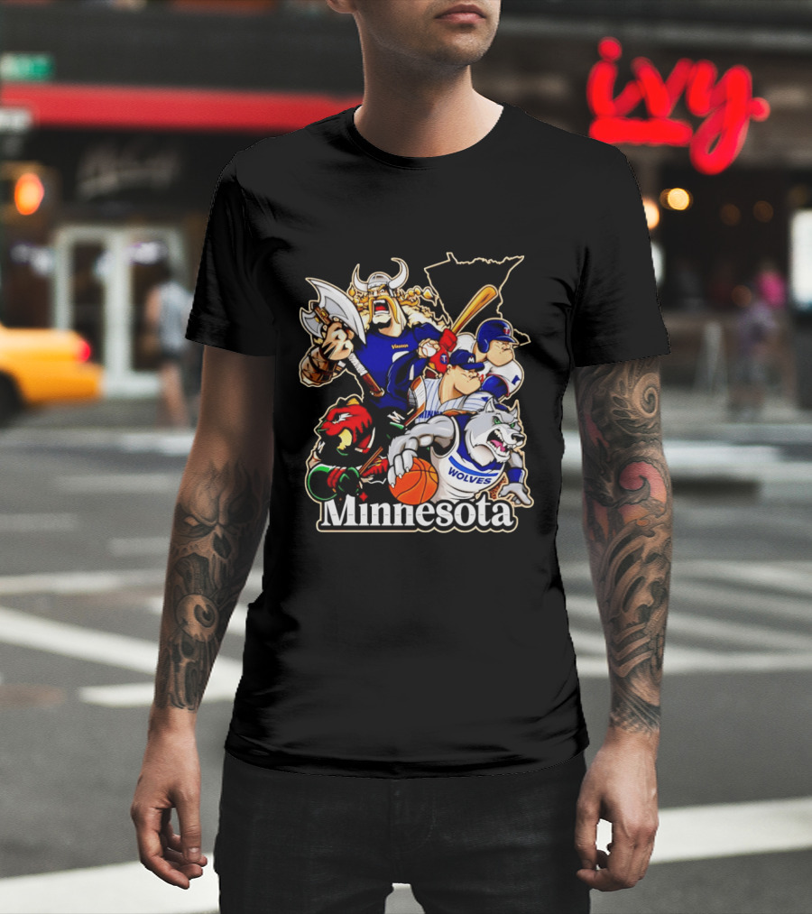 Minnesota Vikings Wild Twins Timberwolves Characters Collage T-Shirt
