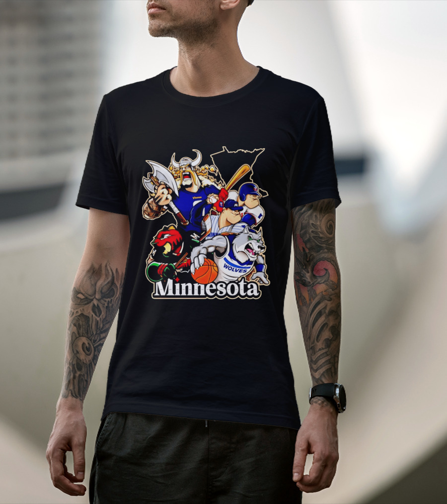 Minnesota Vikings Wild Twins Timberwolves Characters Collage T-Shirt