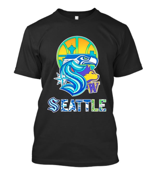 Seattle Seahawks Washington Huskies Skyline Collage With Space Needle And Compass Rose T-Shirt