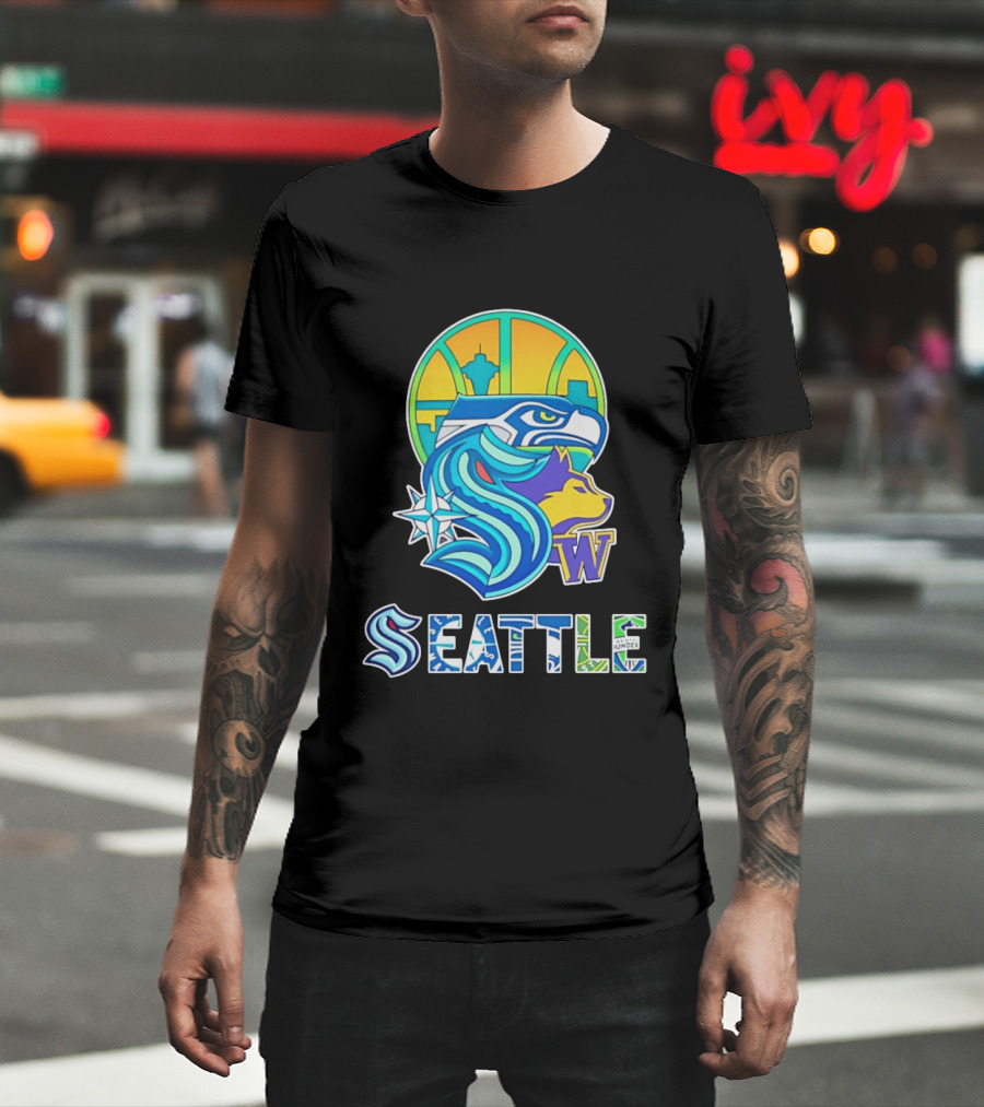 Seattle Seahawks Washington Huskies Skyline Collage With Space Needle And Compass Rose T-Shirt