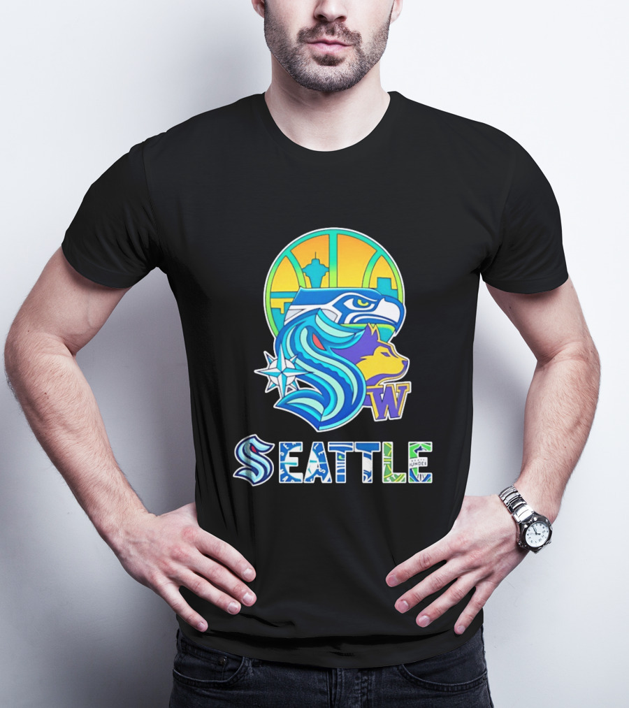 Seattle Seahawks Washington Huskies Skyline Collage With Space Needle And Compass Rose T-Shirt