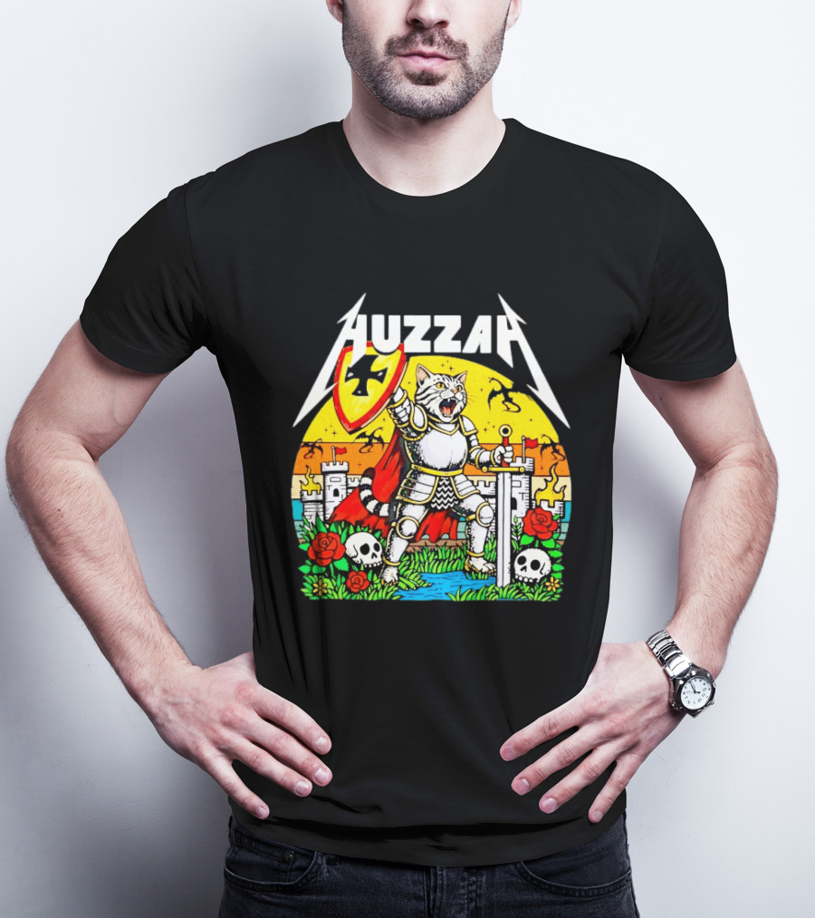 Huzzah Cat Knight Medieval Fantasy With Shield And Sword In Castle Scene T-Shirt