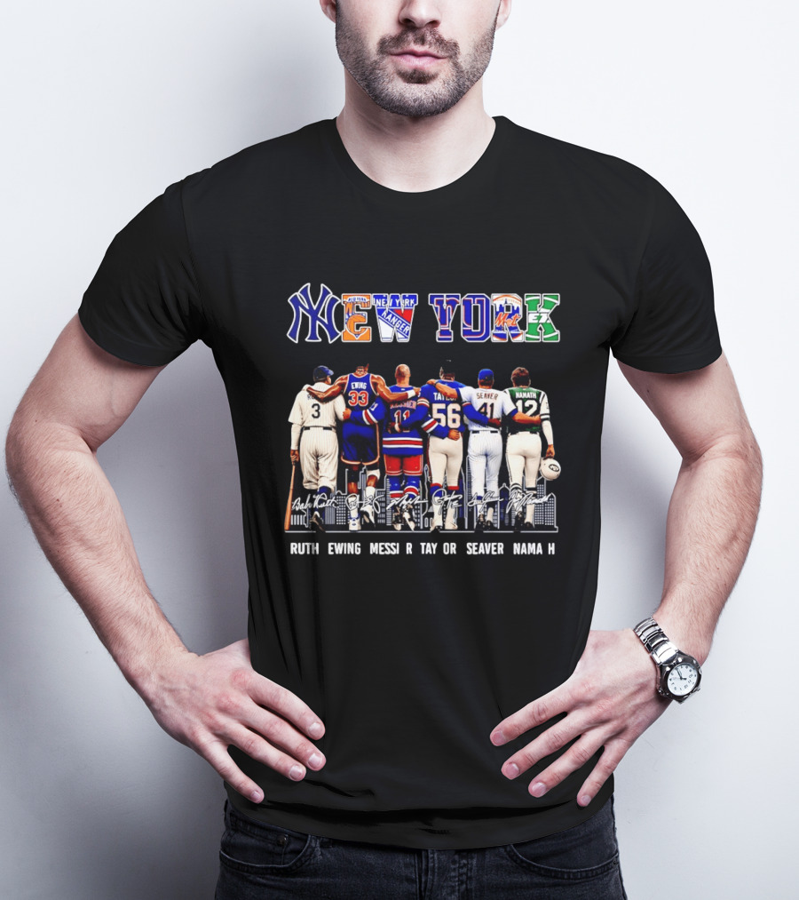 NY Sports Legends New York Yankees Knicks Rangers Mets Giants Jets Ruth Ewing Messier Taylor Seaver Namath T-Shirt