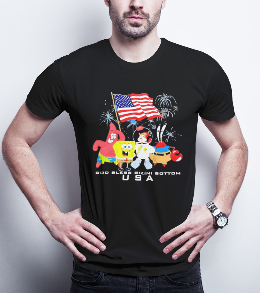 God Bless Bikini Bottom USA Sponge 4th Of July Celebration T-Shirt