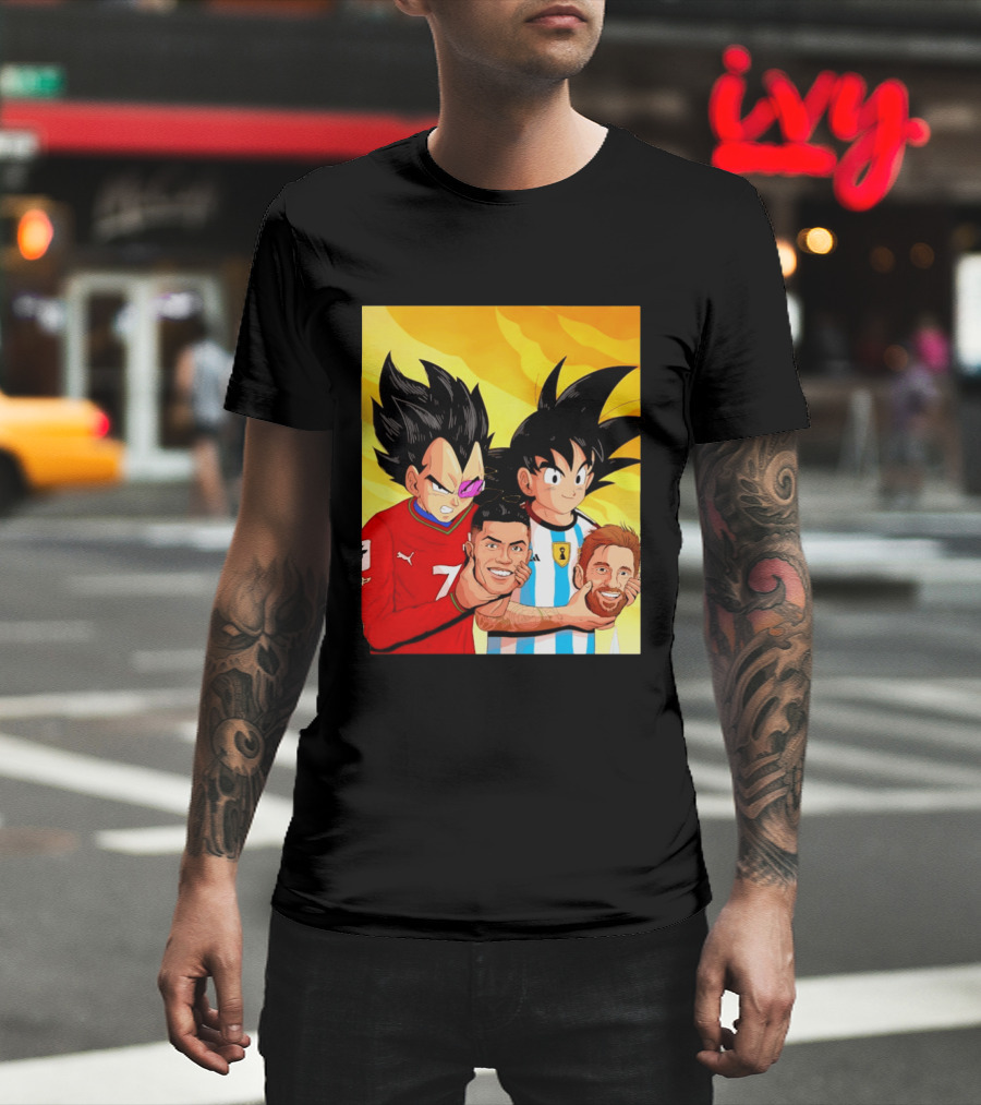Vegeta And Goku With Ronaldo 7 And Messi Argentina Heads T-Shirt