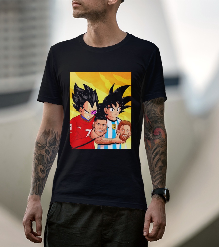 Vegeta And Goku With Ronaldo 7 And Messi Argentina Heads T-Shirt
