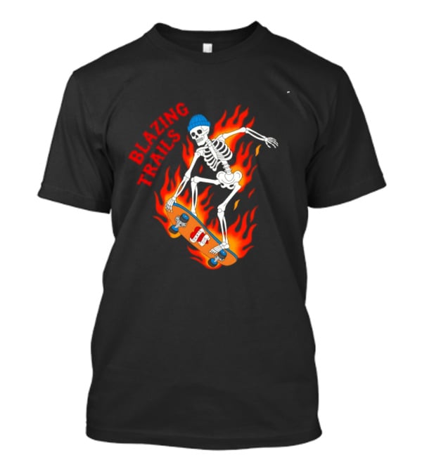 Blazing Trails Skate Or Die Skeleton Flaming Skateboard T-Shirt
