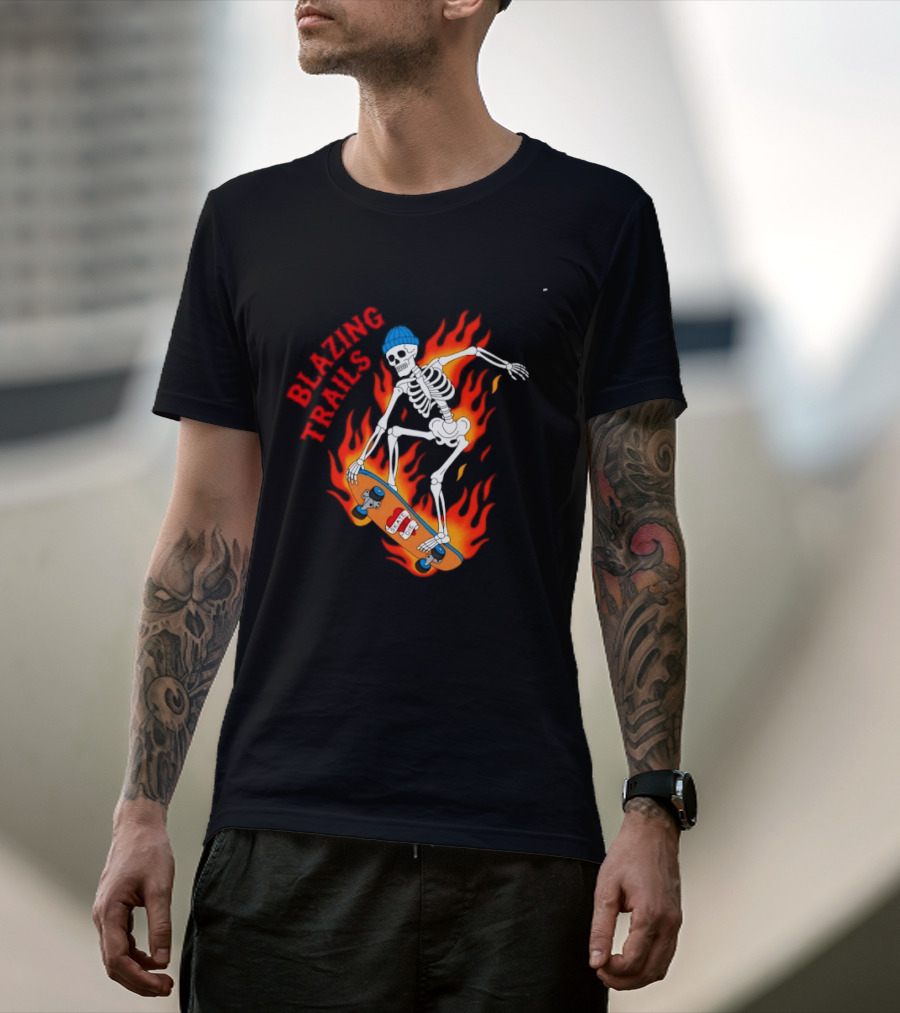 Blazing Trails Skate Or Die Skeleton Flaming Skateboard T-Shirt