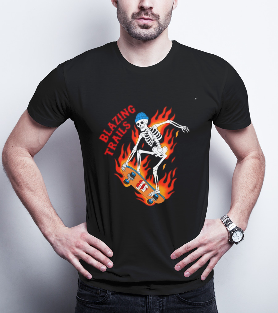 Blazing Trails Skate Or Die Skeleton Flaming Skateboard T-Shirt